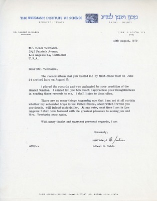 "Henri Temianka Correspondence; (sabin)" by Albert B. Sabin