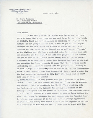"Henri Temianka Correspondence; (ginastera)" by Alberto Ginastera